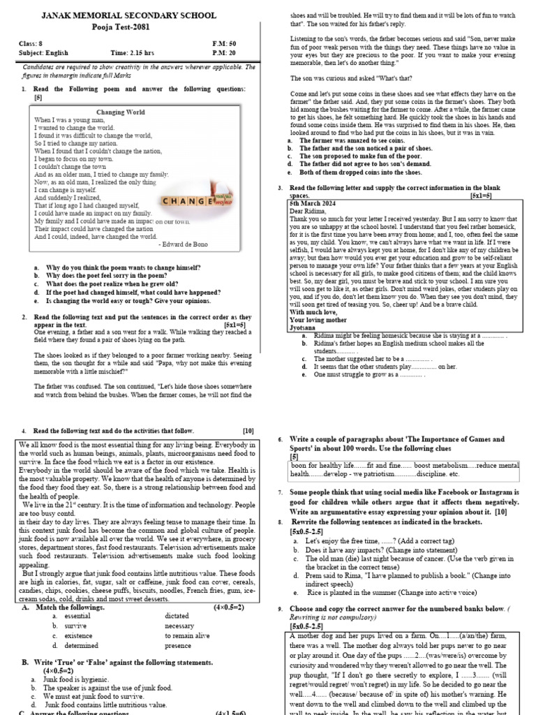 English Test Papers For Class Test NEPAL | PDF | Foods | Junk Food