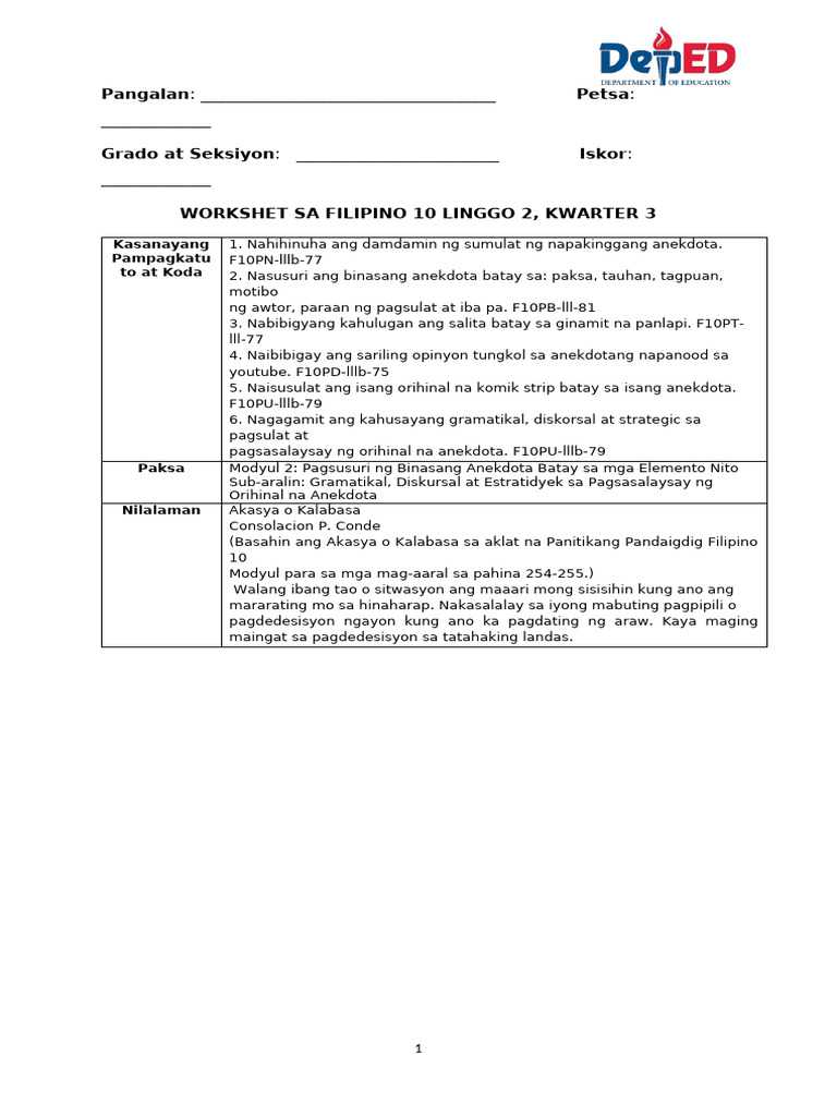 Worksheets Fil 10 Week 2 3rd Pdf