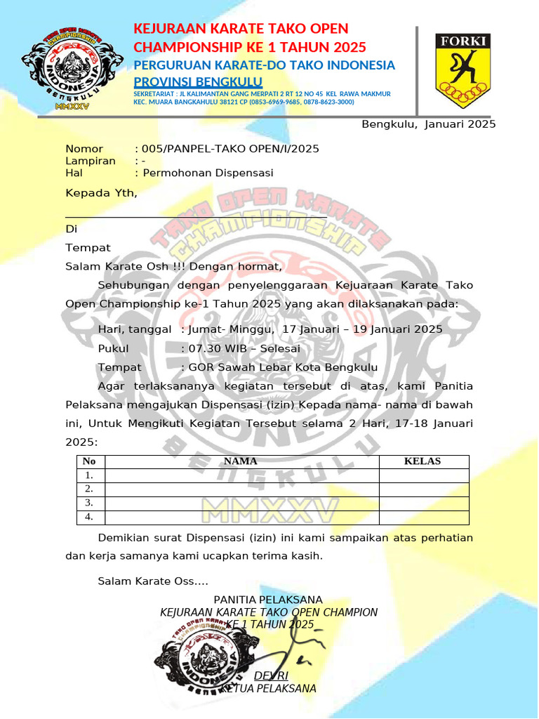 Surat Dispensasi TAKO OPEN - Championship | PDF