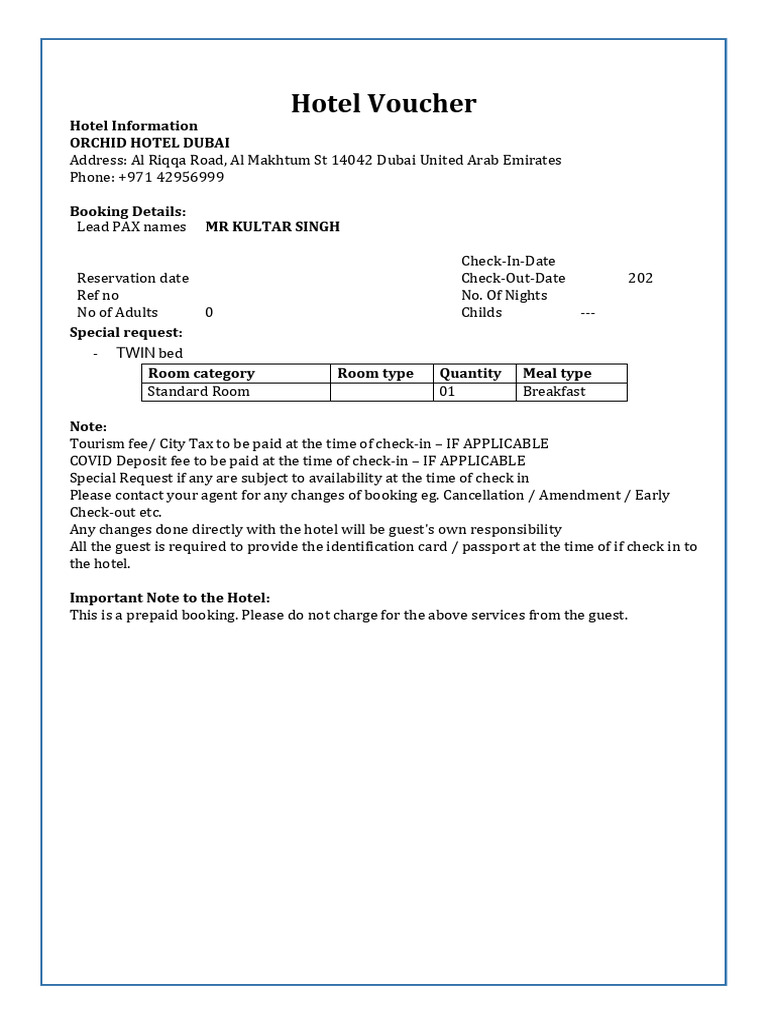 Hotel Voucher for Orchid Hotel Dubai | PDF