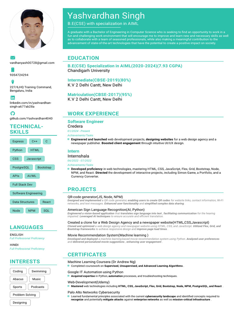 Yashvardhan Singh Resume | PDF | Web Development | Machine Learning