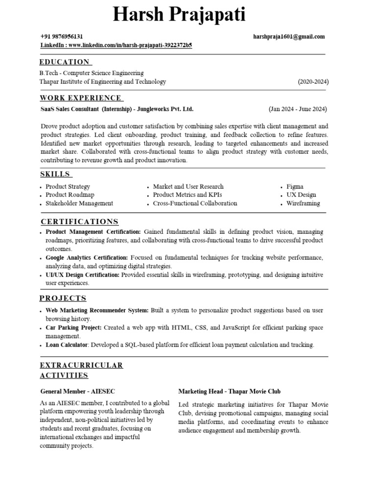 Harsh Prajapati - Product Manager Intern Resume | PDF | Marketing | Digital Marketing