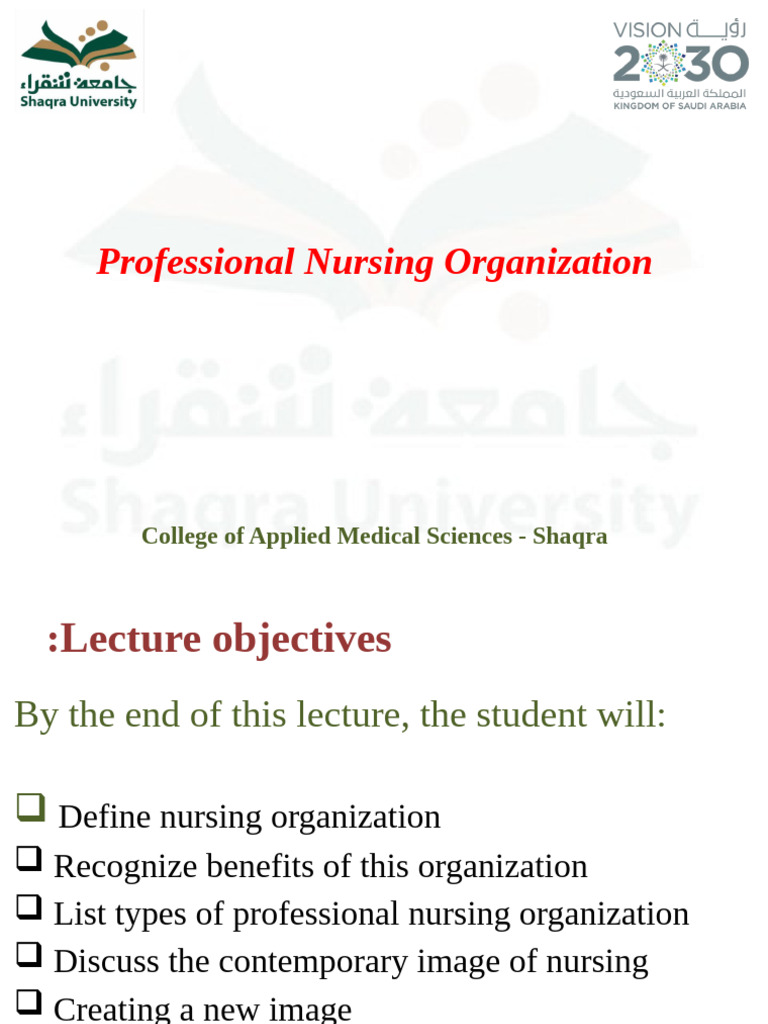 Lecture (2) Professional Nursing Organization | PDF | Nursing | Medicine