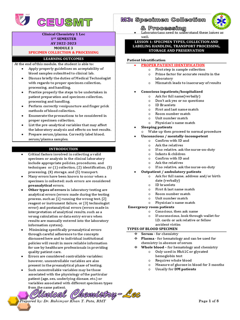 CC+1+LEC+M3+SPX+COLLECTION+AND+HANDLING | PDF | Vein | Lactate ...