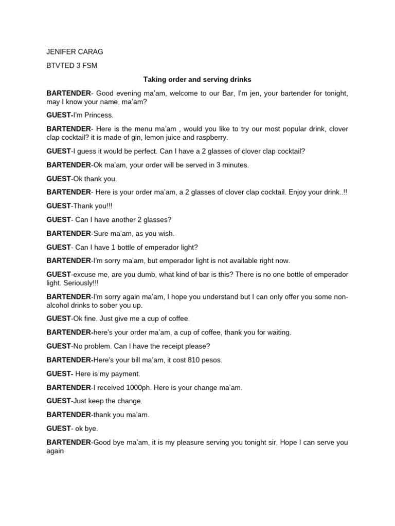 Taking Order and Serving Drinks Script | PDF