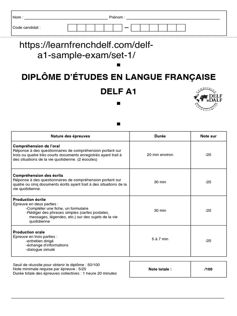 Guide de l'examen DELF A1 | PDF