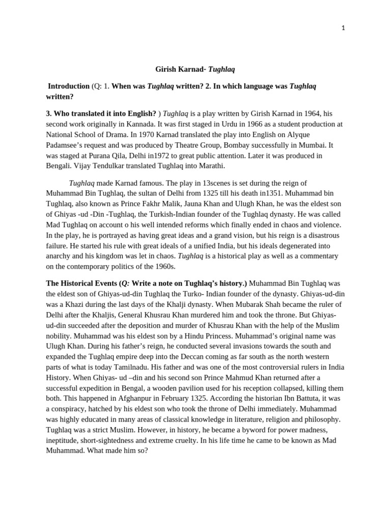Tughlq - Final Notes | PDF Tughlq - Final Notes | PDF