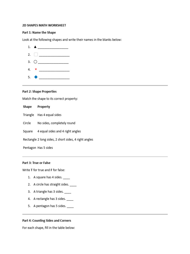 2D Shapes Math Worksheet | PDF
