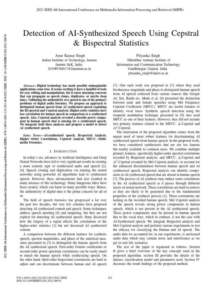 Detection of AI-Synthesized Speech Using Cepstral Amp Bispectral Statistics | PDF | Spectral ...