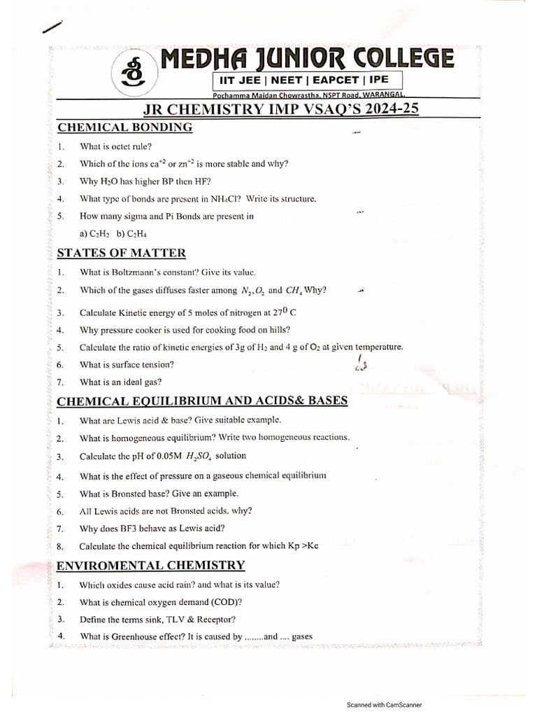 JR - Chemistry Imp Questions | PDF