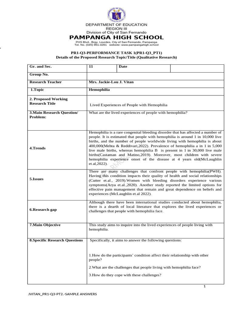 Pr1 Hemophilia Sample Answers q3 PT 1.2 Topic Proposal | PDF | Clinical Medicine