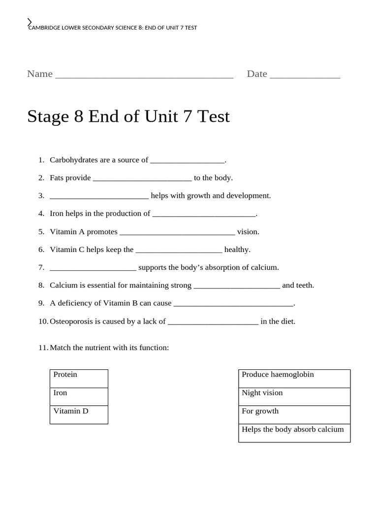 Stage 8 End of Unit 7 Test 7B | PDF | Vitamin | Nutrients