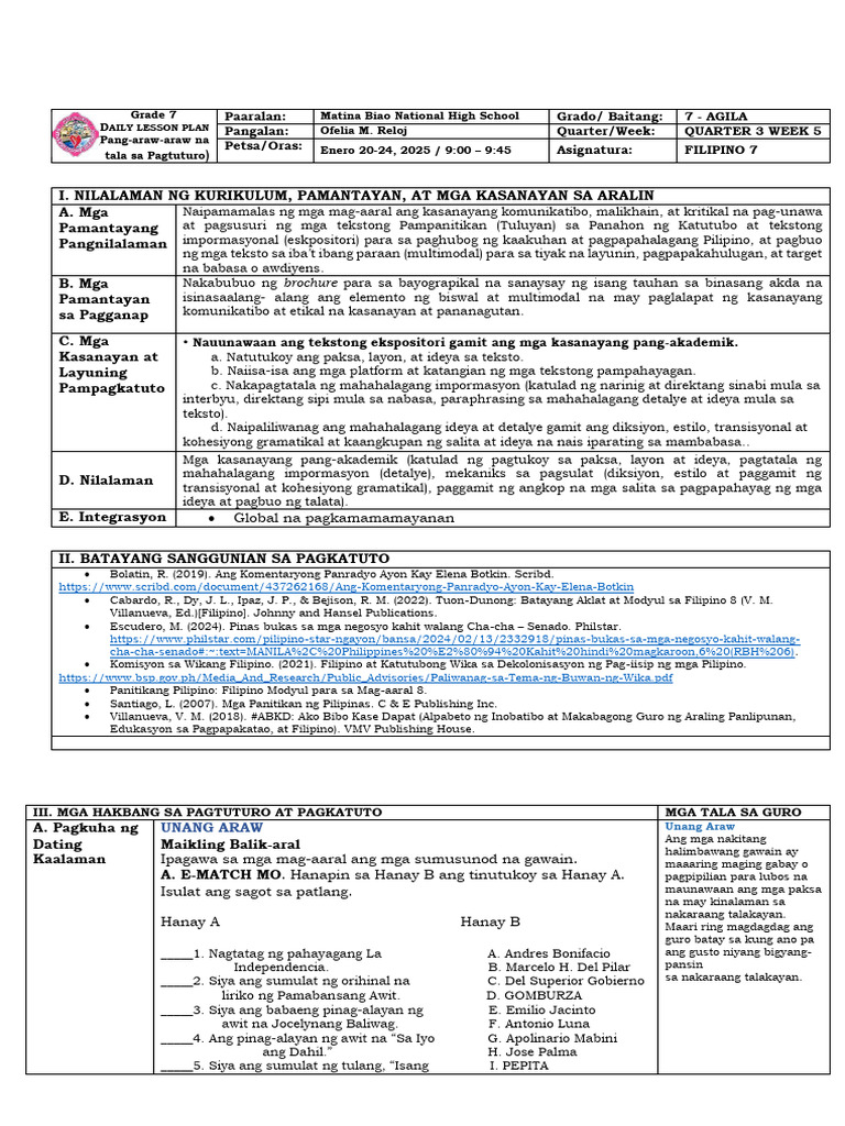 Reloj Filipino7 WK5 Q3 | PDF