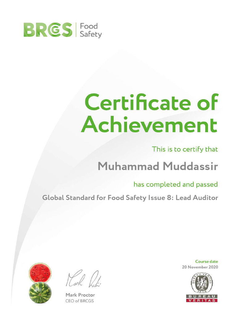 BRCGS - Lead Auditor Certificate | PDF