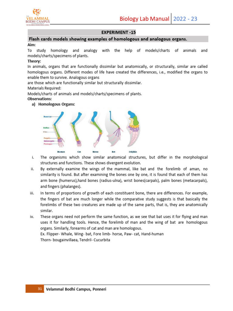 EXPERIMENT - 15: Flash Cards Models Showing Examples of Homologous and ...