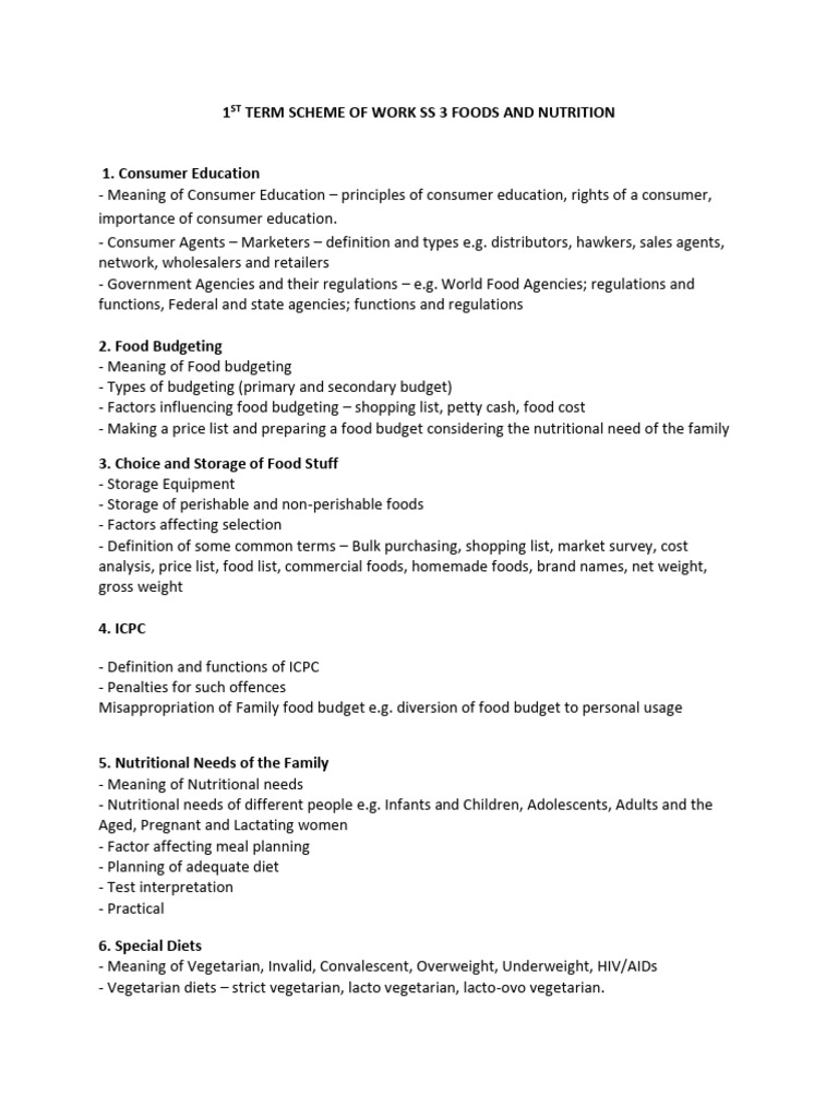 SS3 Food and Nutrition 1st Term Plan | PDF | Drink | Tableware