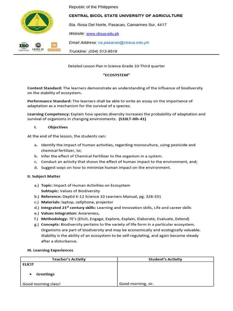 Lesson Plan For DEMO. ECOSYSTEM - TAVASARVINS | PDF | Ecosystem ...