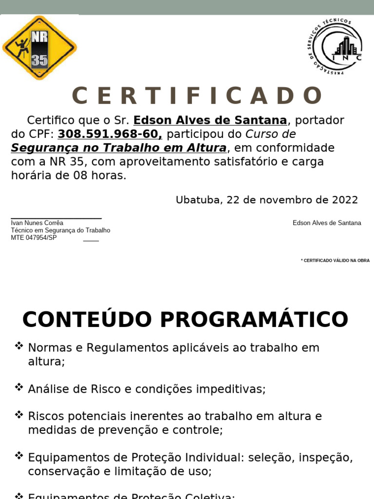 Certificado NR 35 | PDF