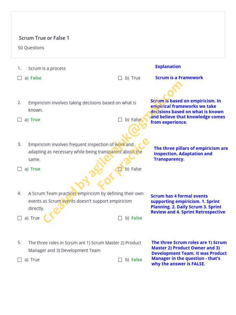 Scrum True or False 1 _ 50Qs with Explanation | PDF | Scrum (Software Development) | Software ...