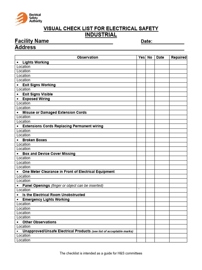 Industrial Check List For Electrical Safety | PDF
