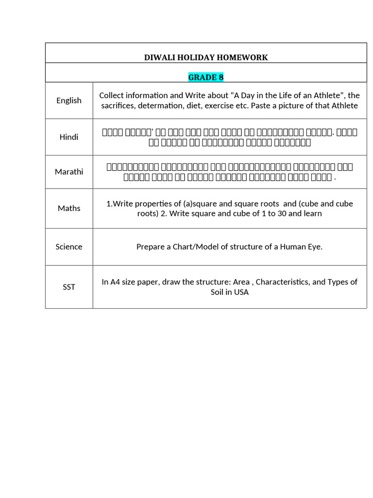 Diwali Homework Design for Grade 8 | PDF