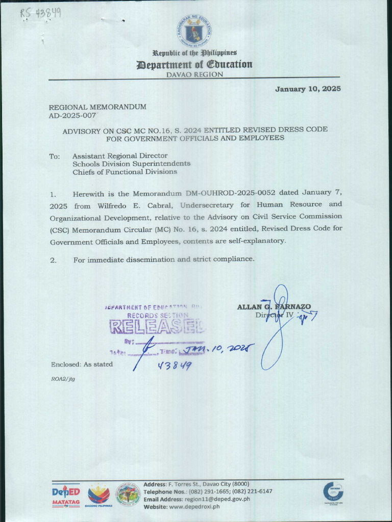 Rm Ad 2025 007 Advisory on Csc Mc No. 16 s. 2024 Entitled Revised Dress ...