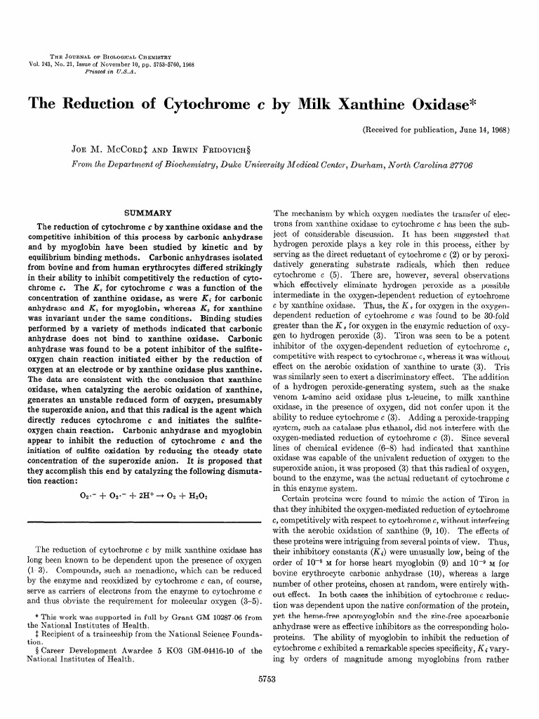 The Reduction of Cytochrome c by Milk Xanthine Oxidase | PDF | Redox | Enzyme