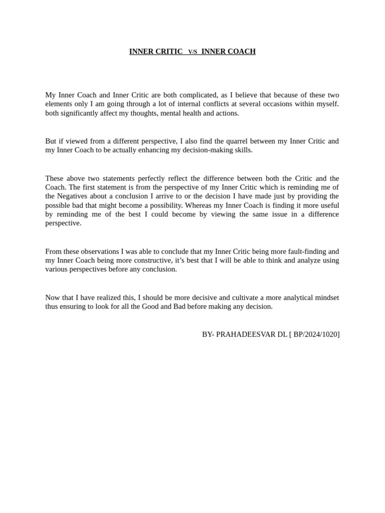 Inner Critic VS Inner Coach | PDF