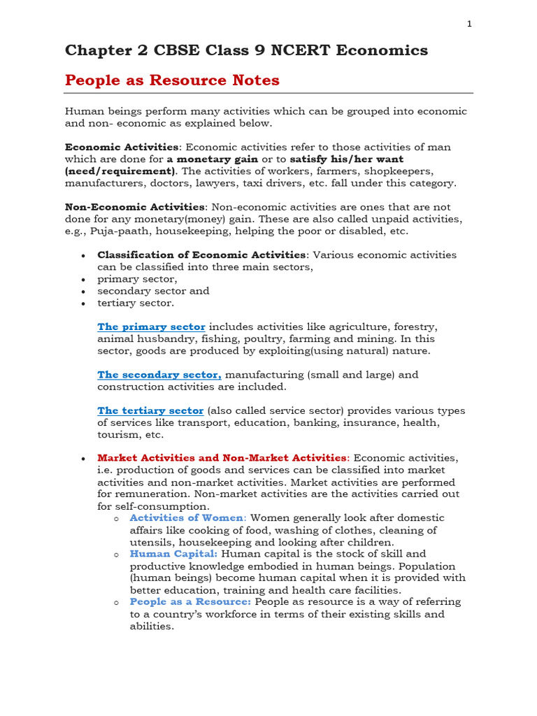 Eco Chapter 2 9TH Notes | PDF | Unemployment | Human Capital