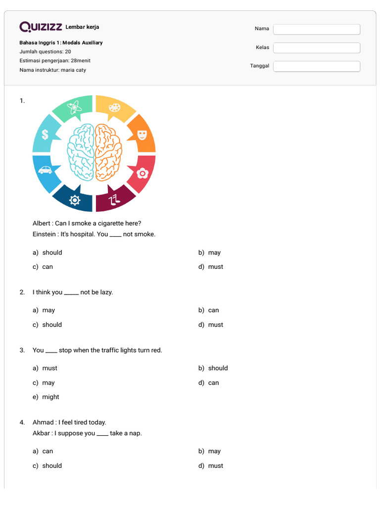 Modals Auxiliary Quiz Worksheet | PDF | Grammar | Semantics