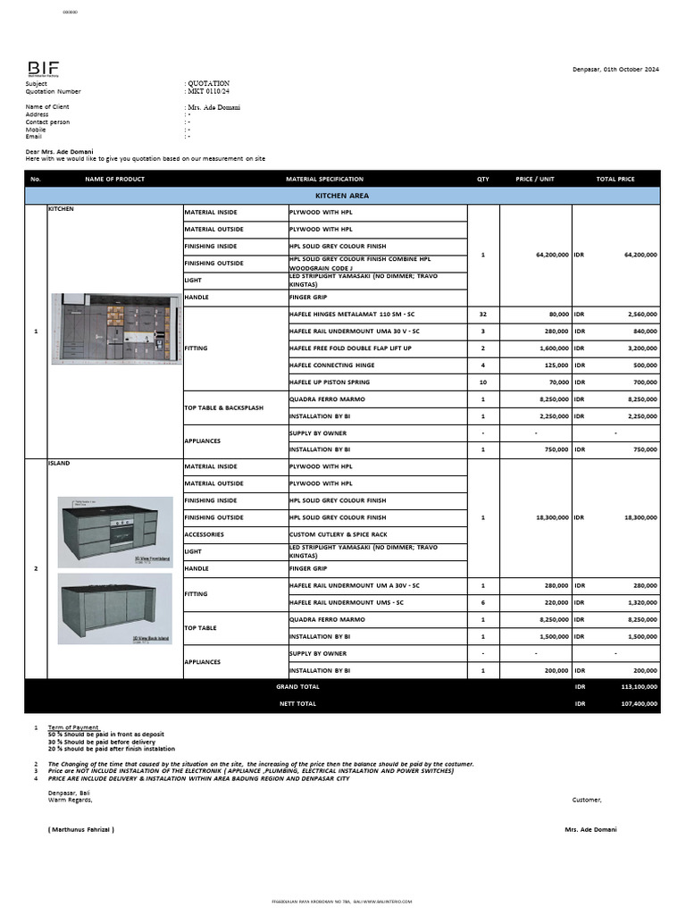 QUOTATION - MRS. ADE DOMANI (01.10.24) | PDF