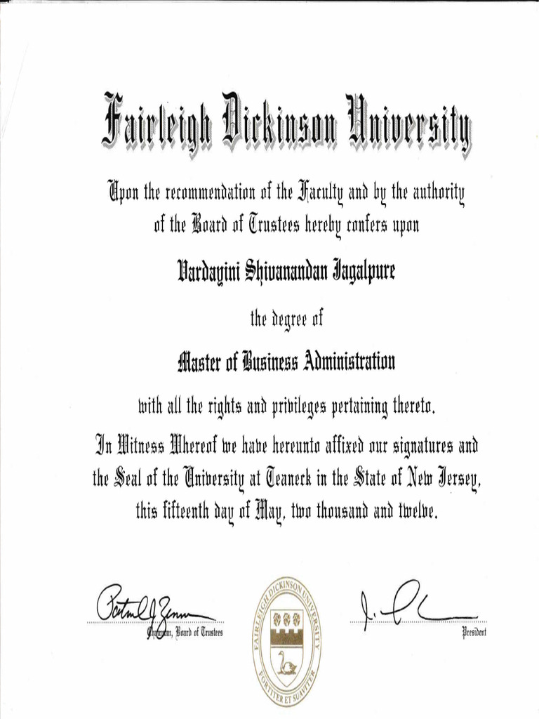 MASTERS DEGREE Fairleigh Dckison University USA Certificate | PDF