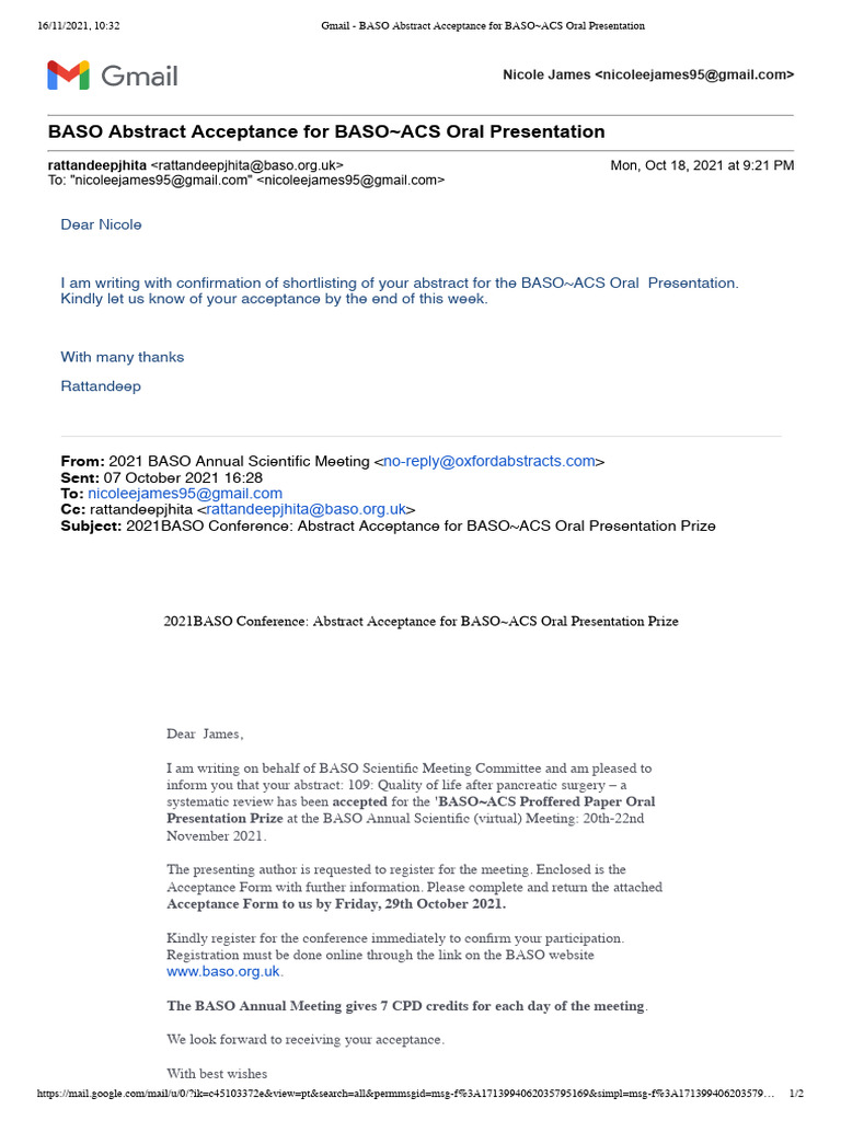 BASO-ACS Oral Presentation Acceptance Email 2021 | PDF
