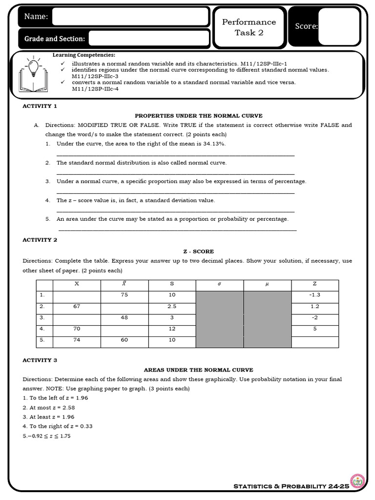 Chapter 2 Performance Task 2 Normal Distribution (1) | PDF | Normal Distribution | Receiver ...