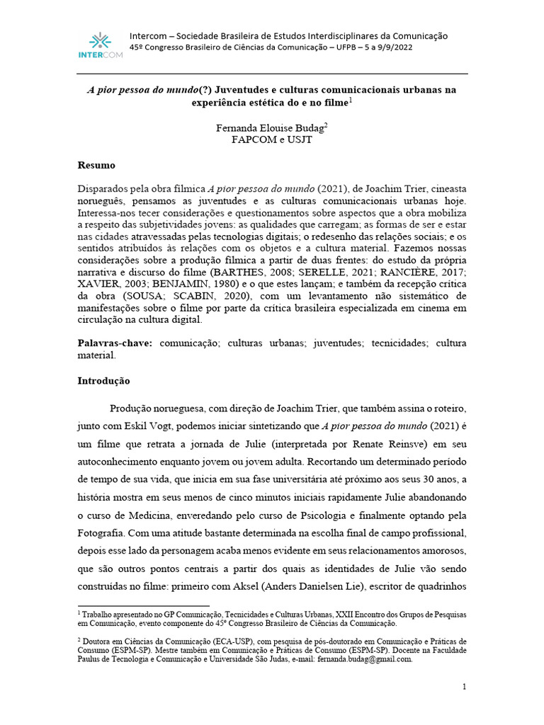 Juventudes em "A Pior Pessoa do Mundo" | PDF | Narrativa | Comunicação