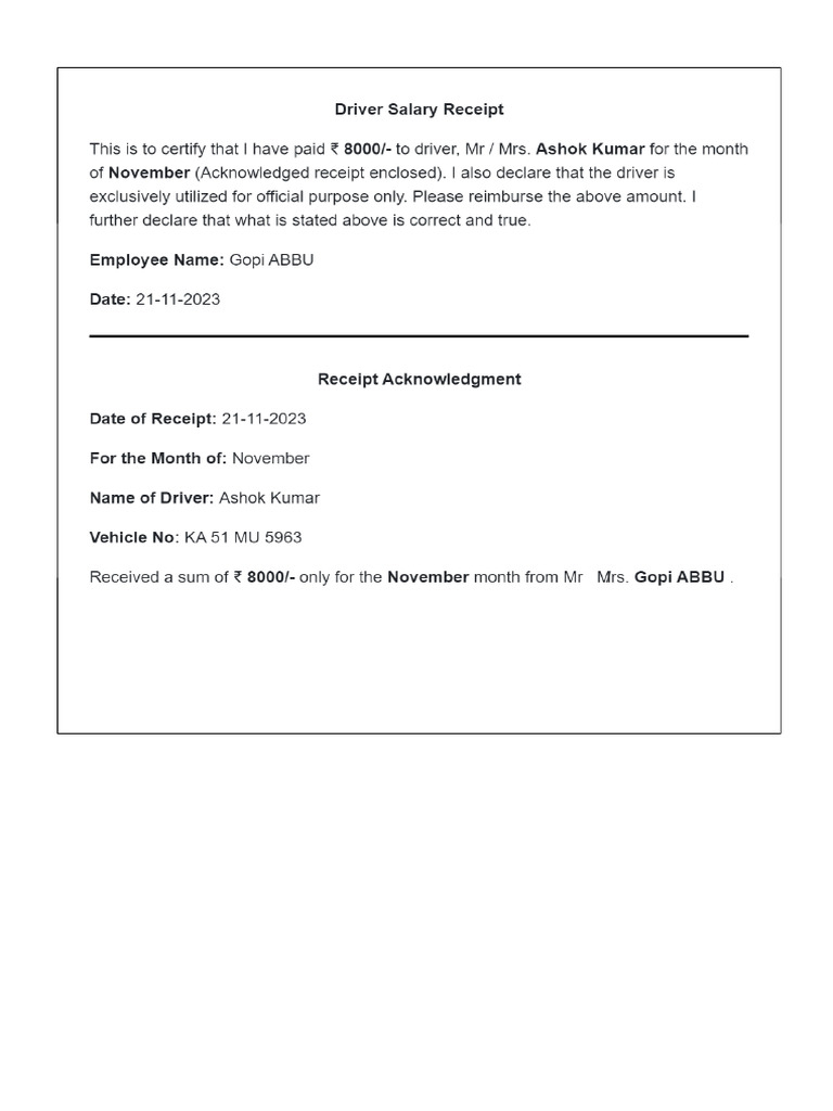 Driver Salary Slip (Freeforonline - Com) | PDF