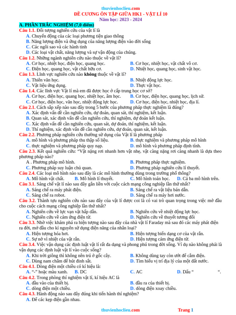 De Cuong On Tap Giua HK1 Vat Li 10 KNTT | PDF