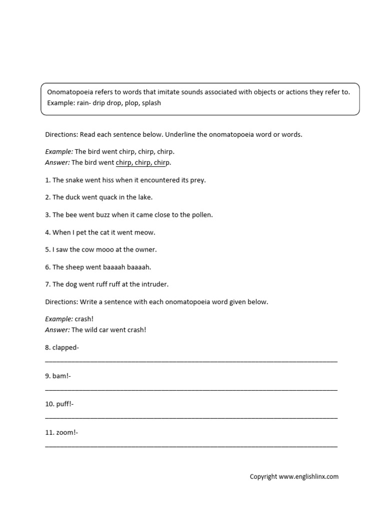 Identifying Writing Onomatopoeia Worksheet | PDF