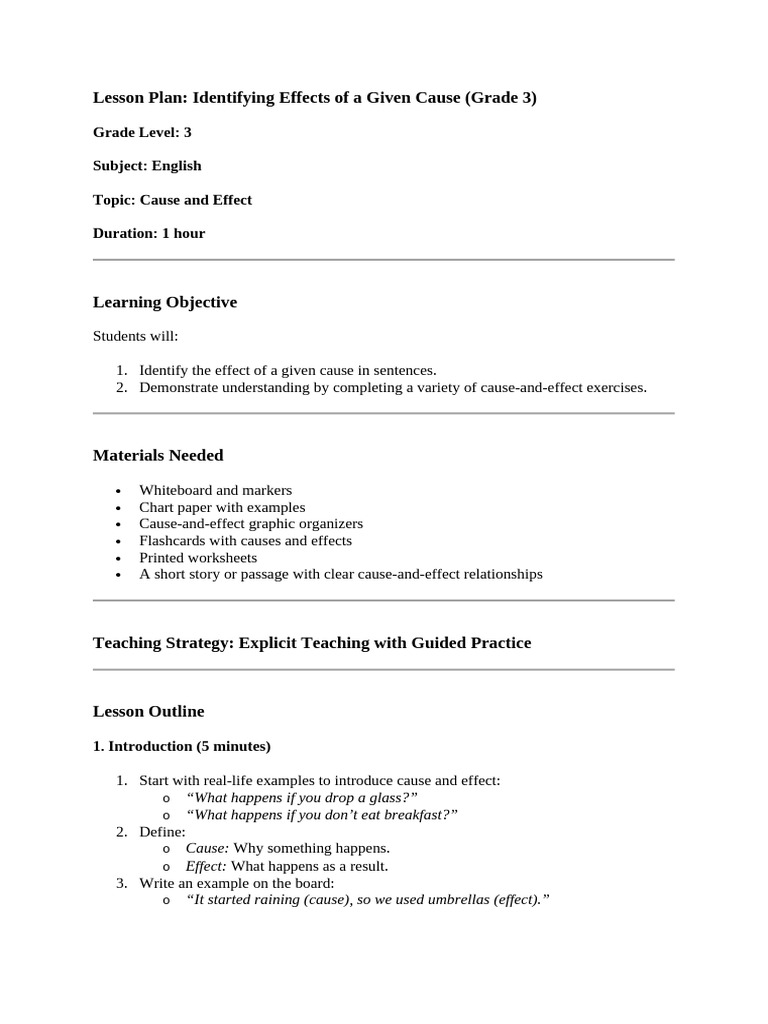 Grade 3 Cause and Effect Lesson Plan | PDF | Causality | Lesson Plan