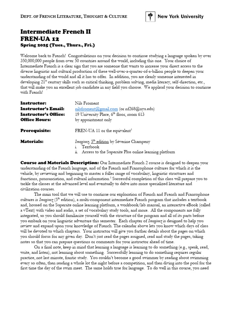 FREN-UA 12 Printemps 2025 Syllabus | PDF | Linguistics | Human ...