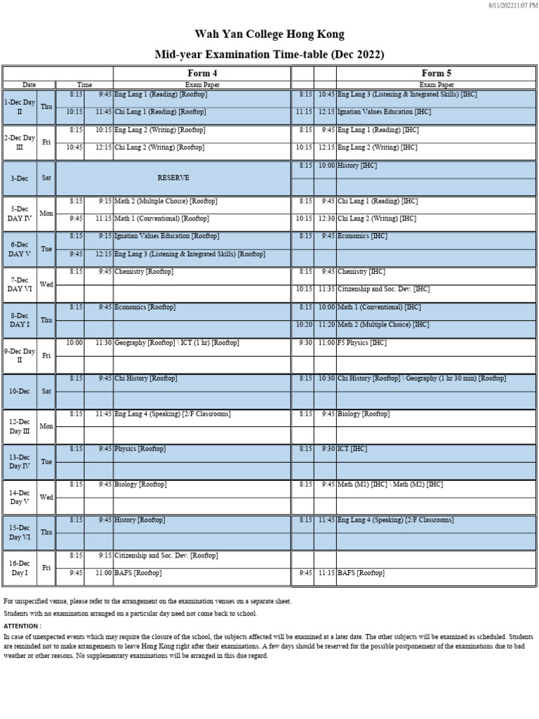 Wah Yan College Exam Timetable 2022 | PDF | Tests | Standardized Tests