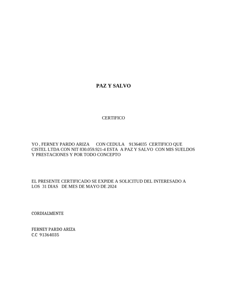 Paz y Salvo Ferney Pardo | PDF