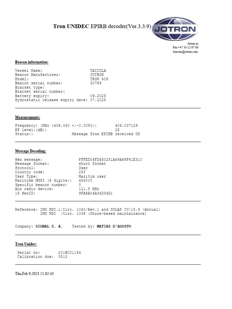 EPIRB Decoder Report for TACCOLA | PDF