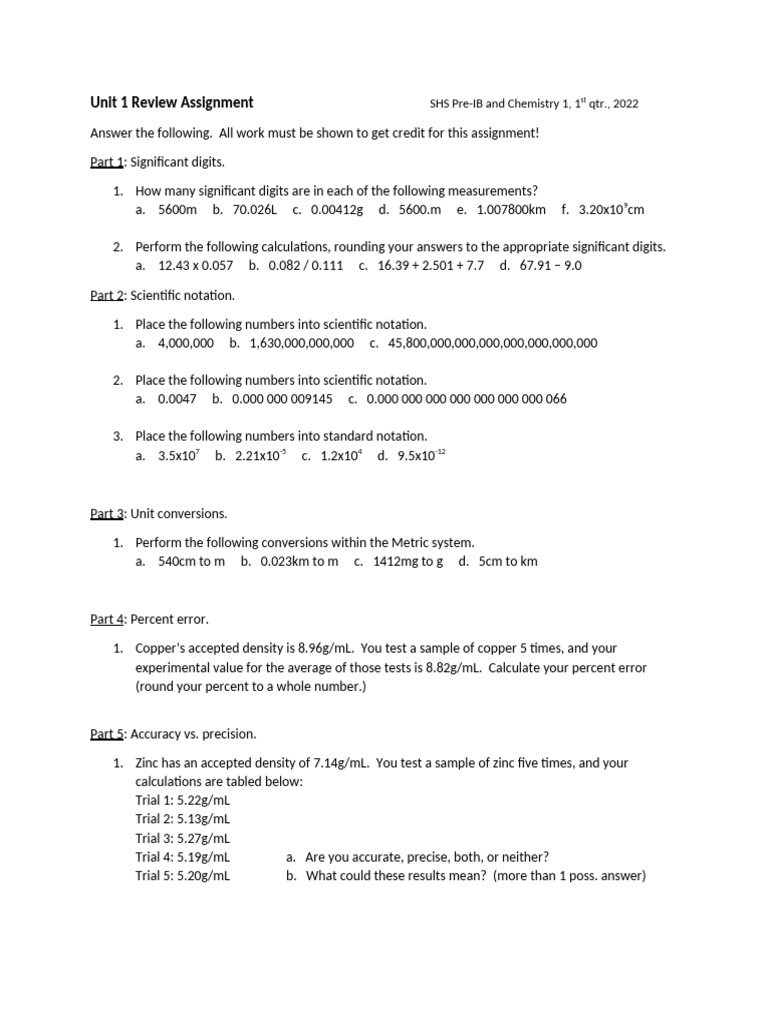 Unit 1 Review Assignment LMHS Honors Chemistry | PDF | Significant ...