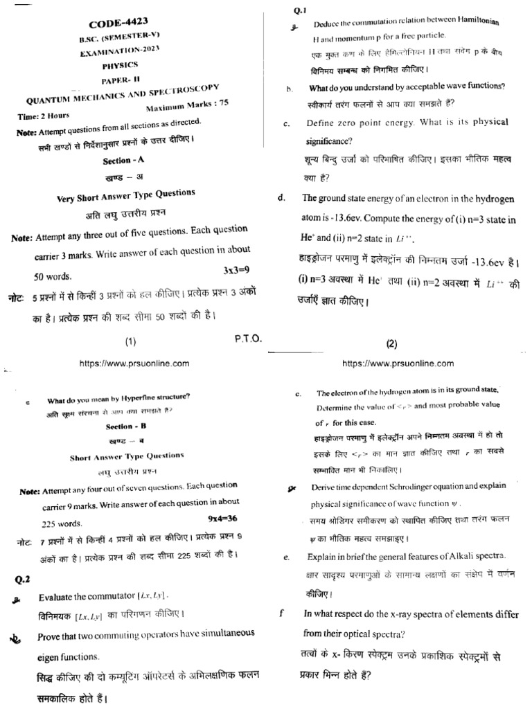 BSC 5 Sem Physics p2 Quantum Mechanics and Spectroscopy 4423 2023 | PDF