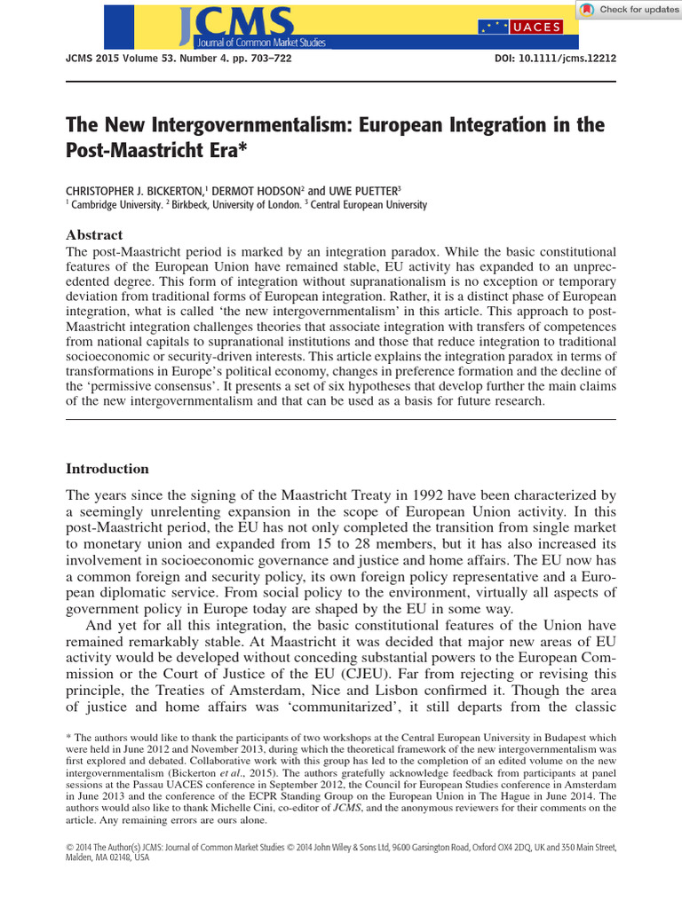 The New Intergovernmentalism European Integration in The Post ...