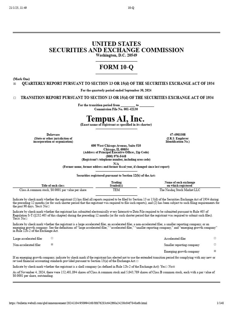 Tempus AI, Inc.: United States Securities and Exchange Commission FORM ...