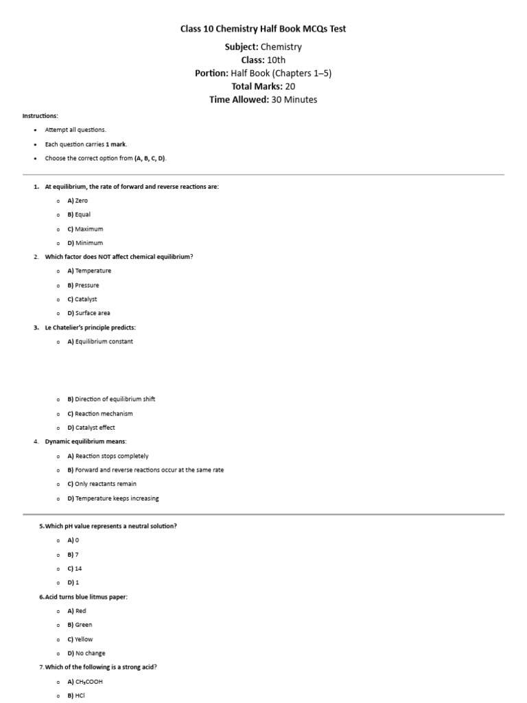Class 10 Chemistry Half Book MCQs Test | PDF | Chemical Equilibrium ...