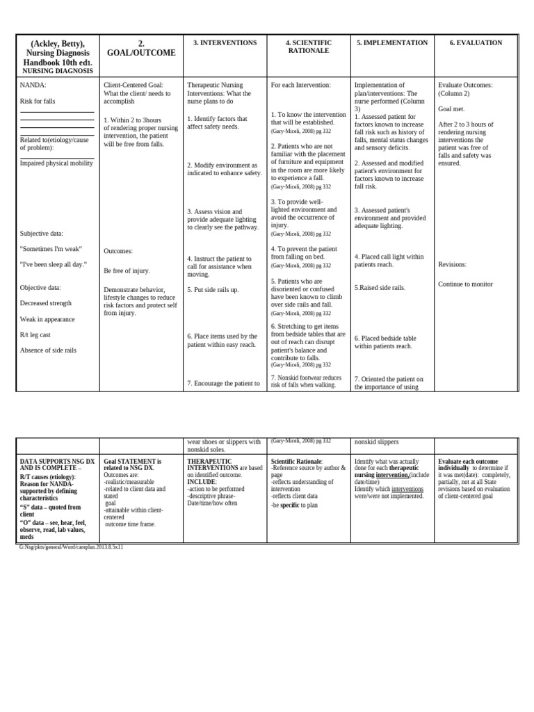 Client Care Plan Risk For Falls | PDF | Nursing | Risk