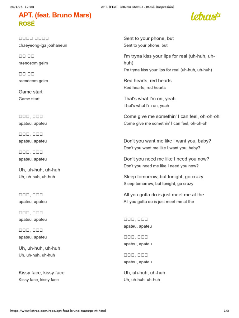 APT. Lyrics - Rosé ft. Bruno Mars | PDF